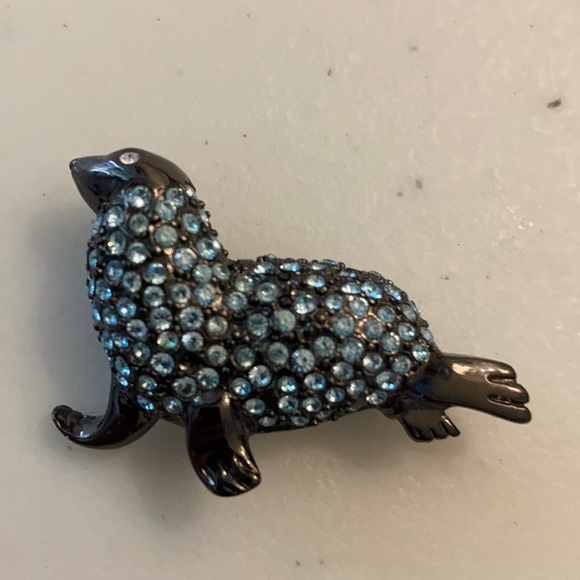 Monet | Jewelry | Rare Monet Black Metal Seal With Blue Rhinestones ...